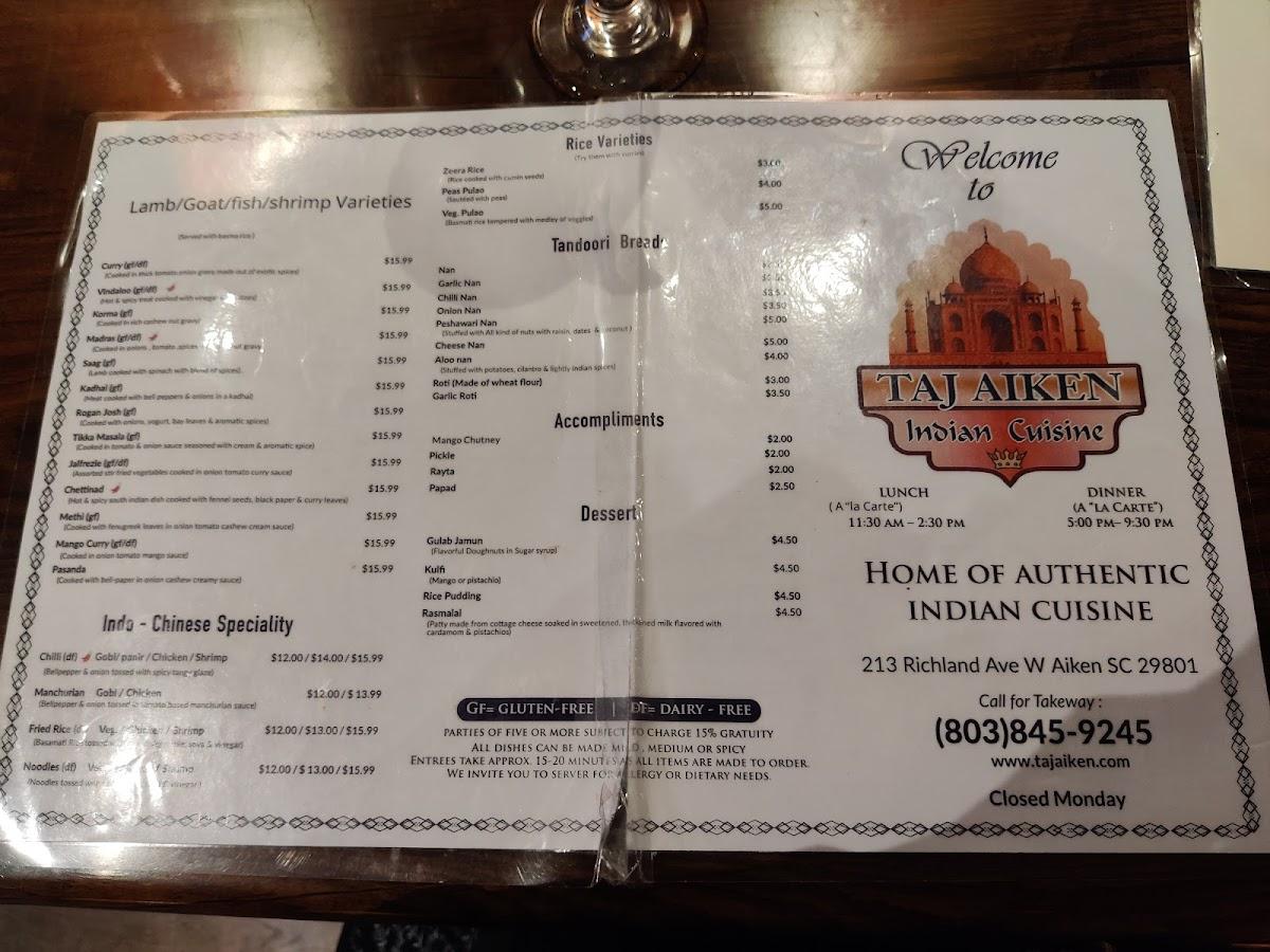 Carta del restaurante Taj Aiken Indian Cuisine, Aiken, 213 Richland Ave W