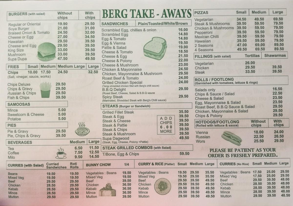 Menu at Berg Take-Aways cafe, Pietermaritzburg