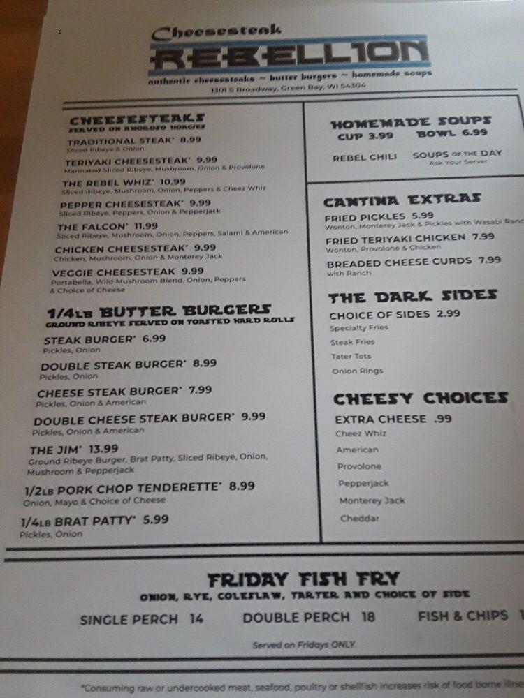 Menu at Cheesesteak Rebellion restaurant, Green Bay
