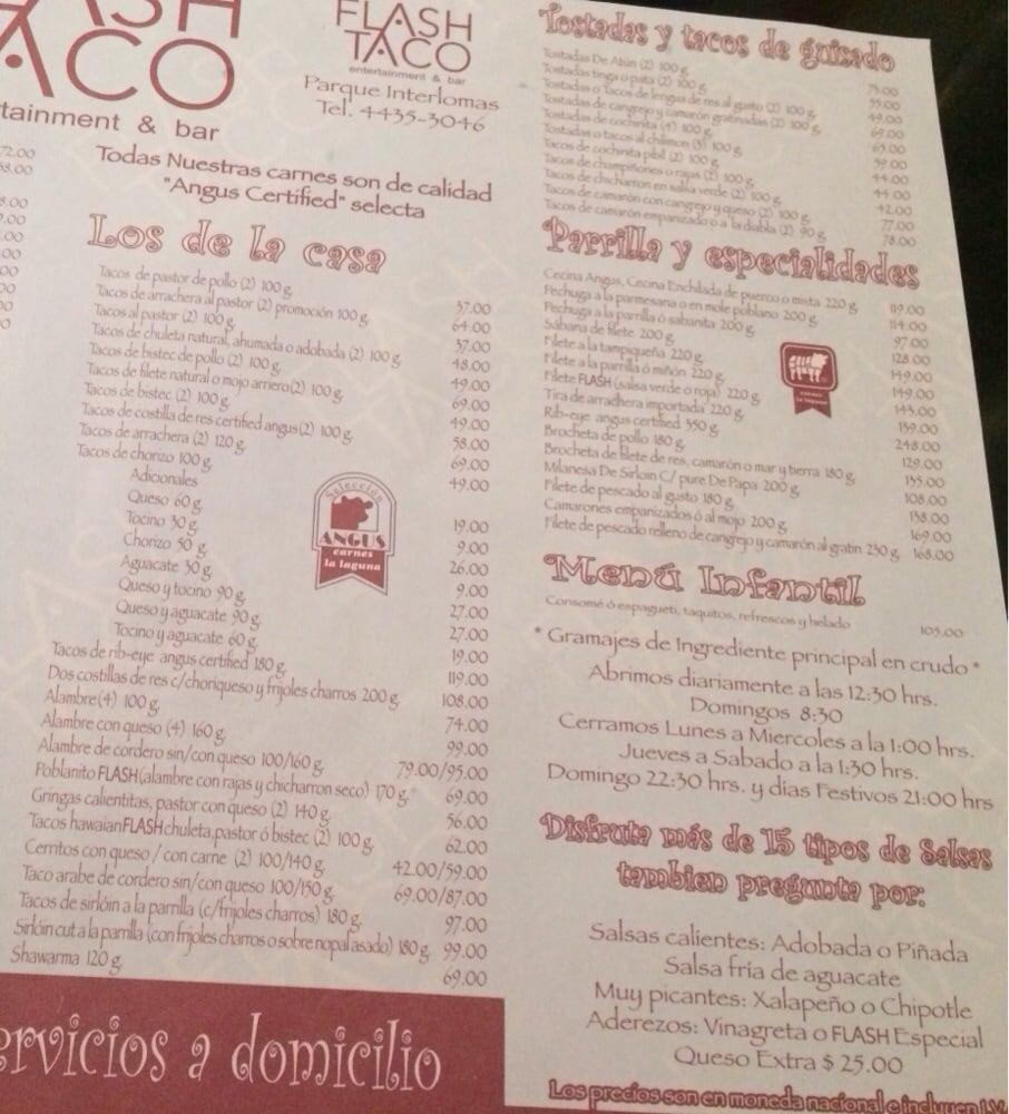 Menu at Flash Taco restaurant, Naucalpan, Av de las Fuentes 17-Local-C