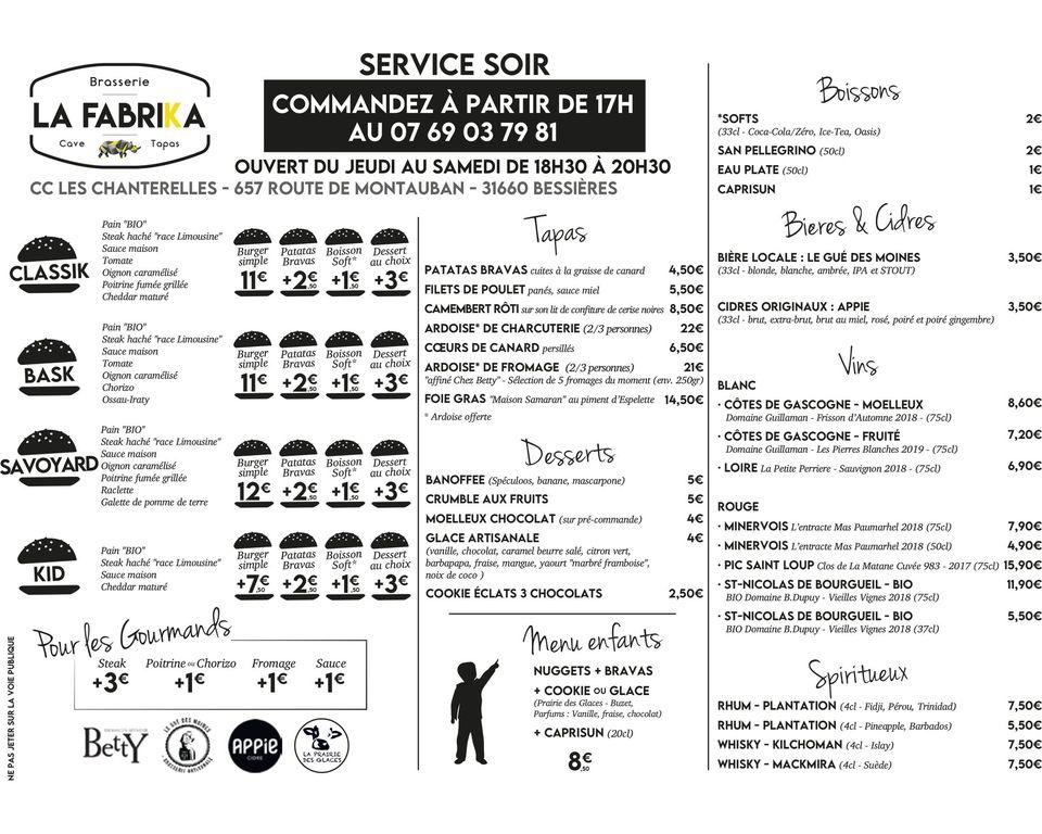 Menu au La Fabrika restaurant, Bessières