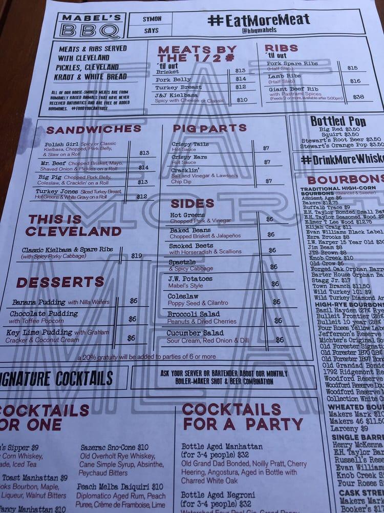 Menu at Mabel's BBQ, Cleveland