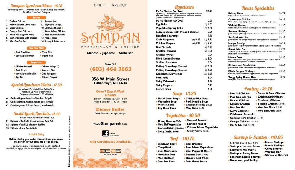 Menu at Sampan restaurant, Hillsboro