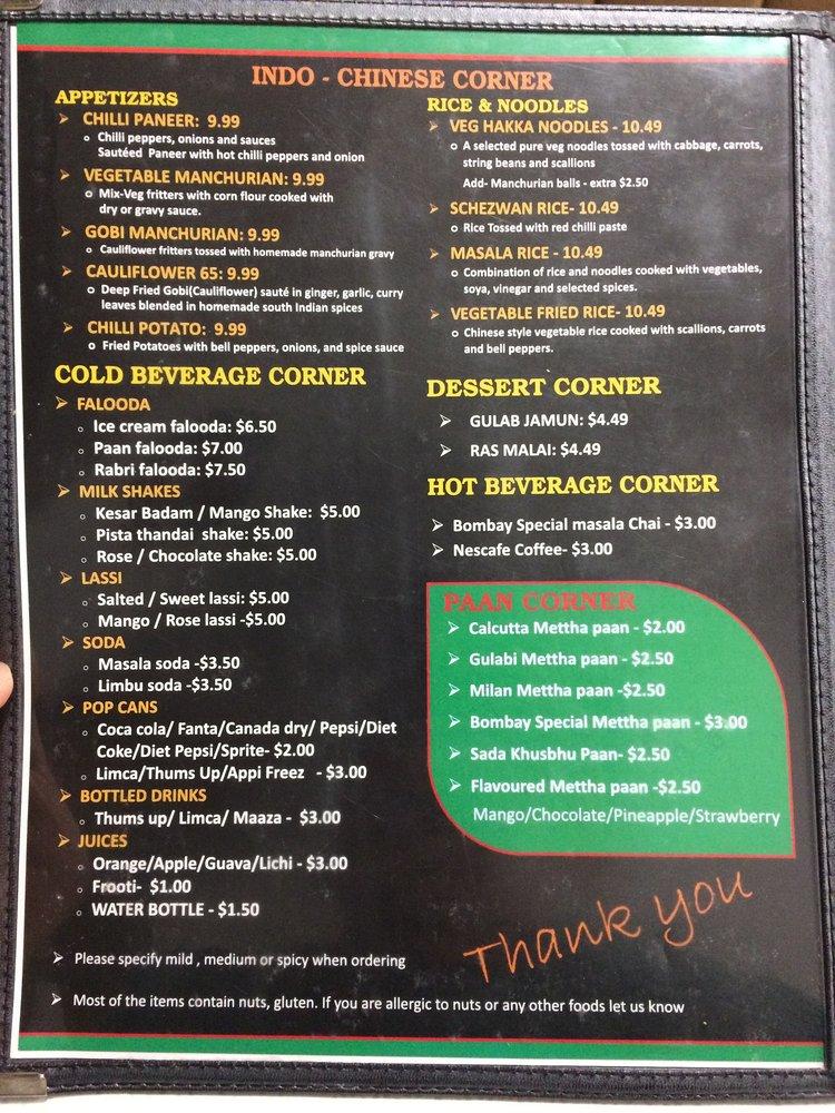 Carta del restaurante Bombay Chaat and Paan House, Edmonton