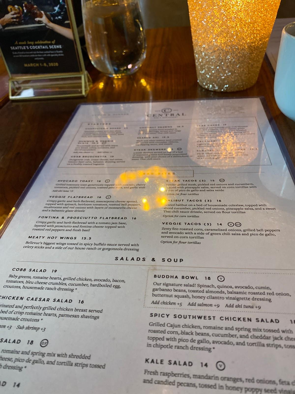 Menu at Central Bar + Restaurant, Bellevue