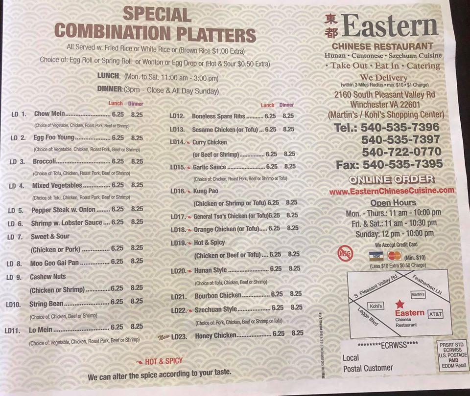 Menu at Eastern Chinese Restaurant, Winchester
