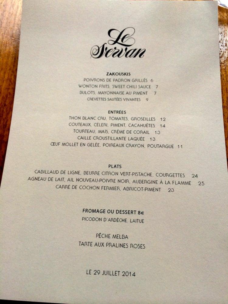 Menu at Le Servan restaurant, Paris