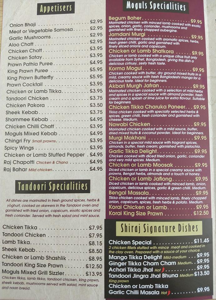 Menu at Moguls restaurant, Clevedon