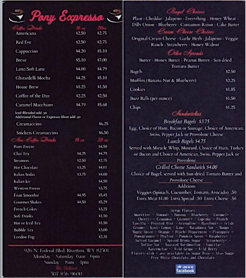 Menu at Pony Expresso restaurant, Riverton