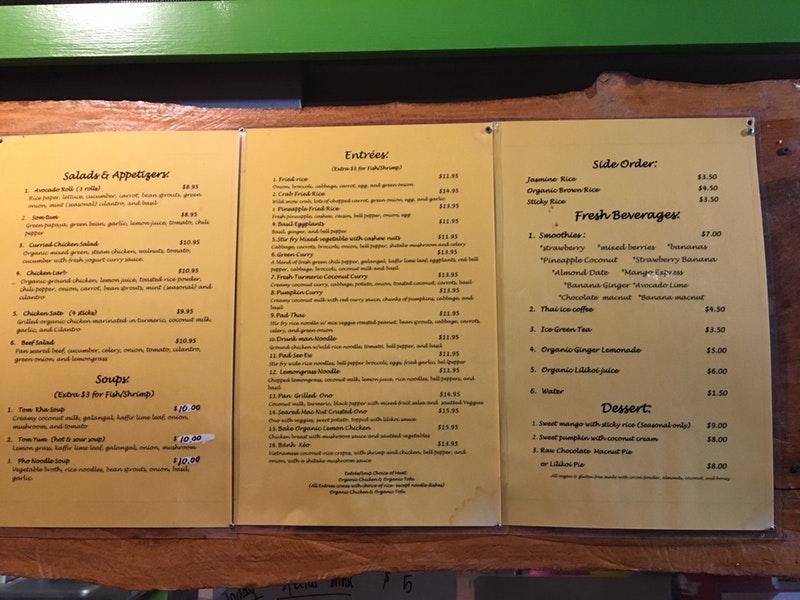 Menu at Racha Thai restaurant, Waikoloa Village