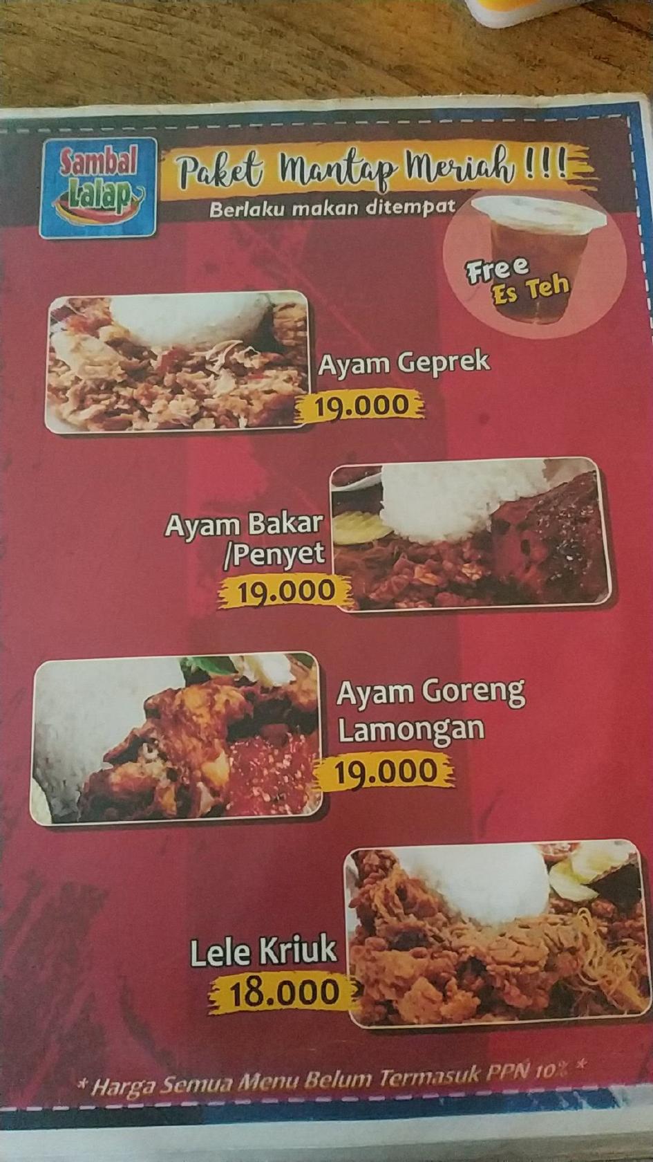 Menu at Sambal Lalap Tarandam restaurant, Padang