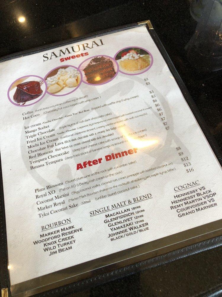Menu at Samurai Hibachi restaurant, Huntington