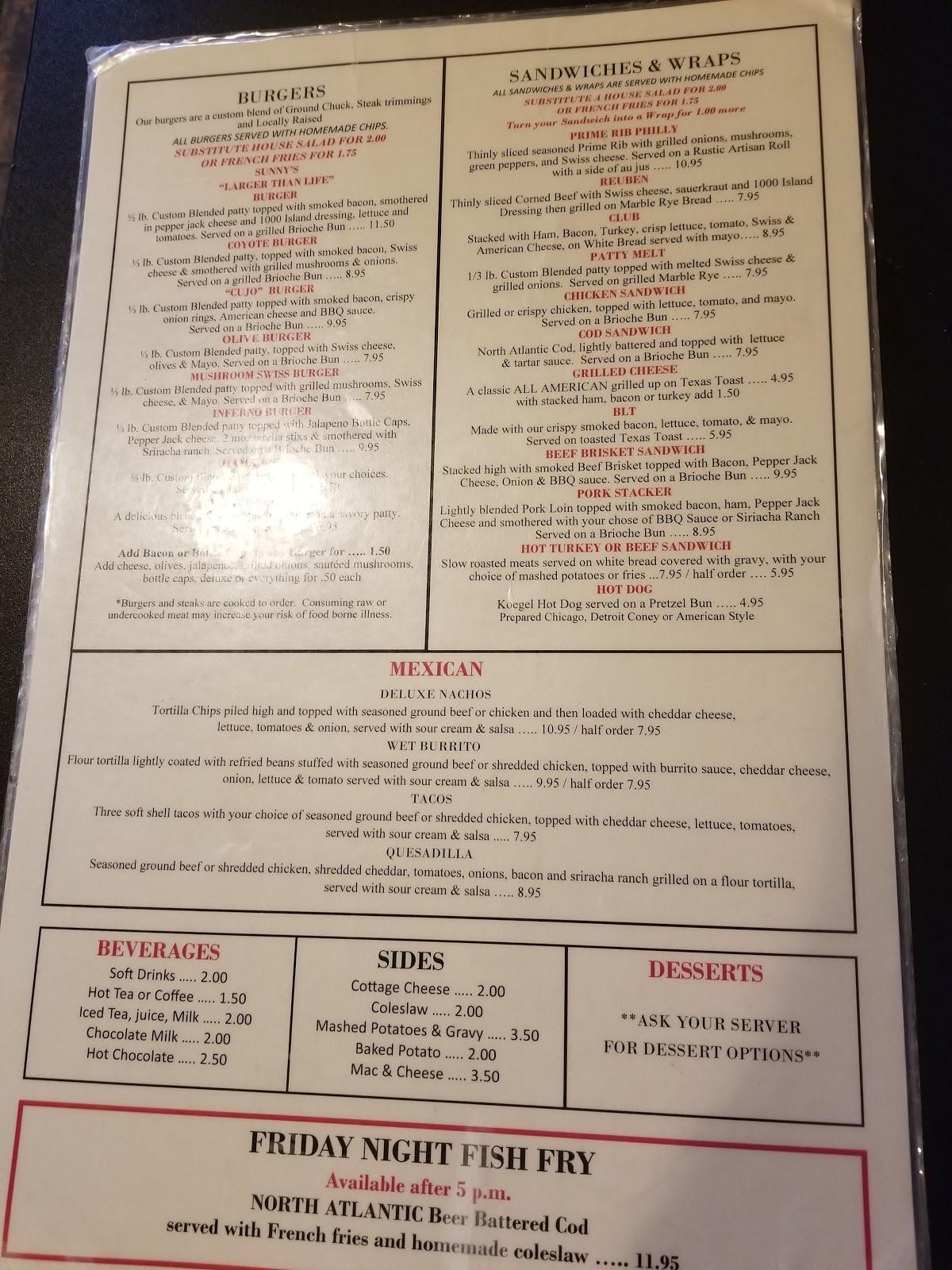 Menu at Sunny's Sports Bar & Grill, Reed City