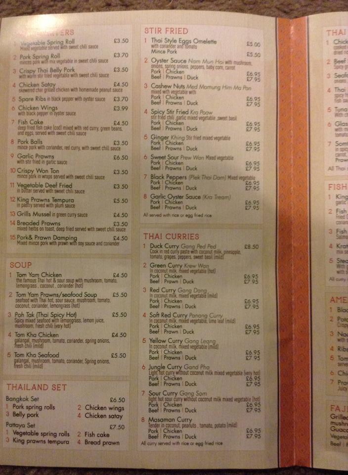Menu at Tikki Thai cafe in Sunderland, Sunderland