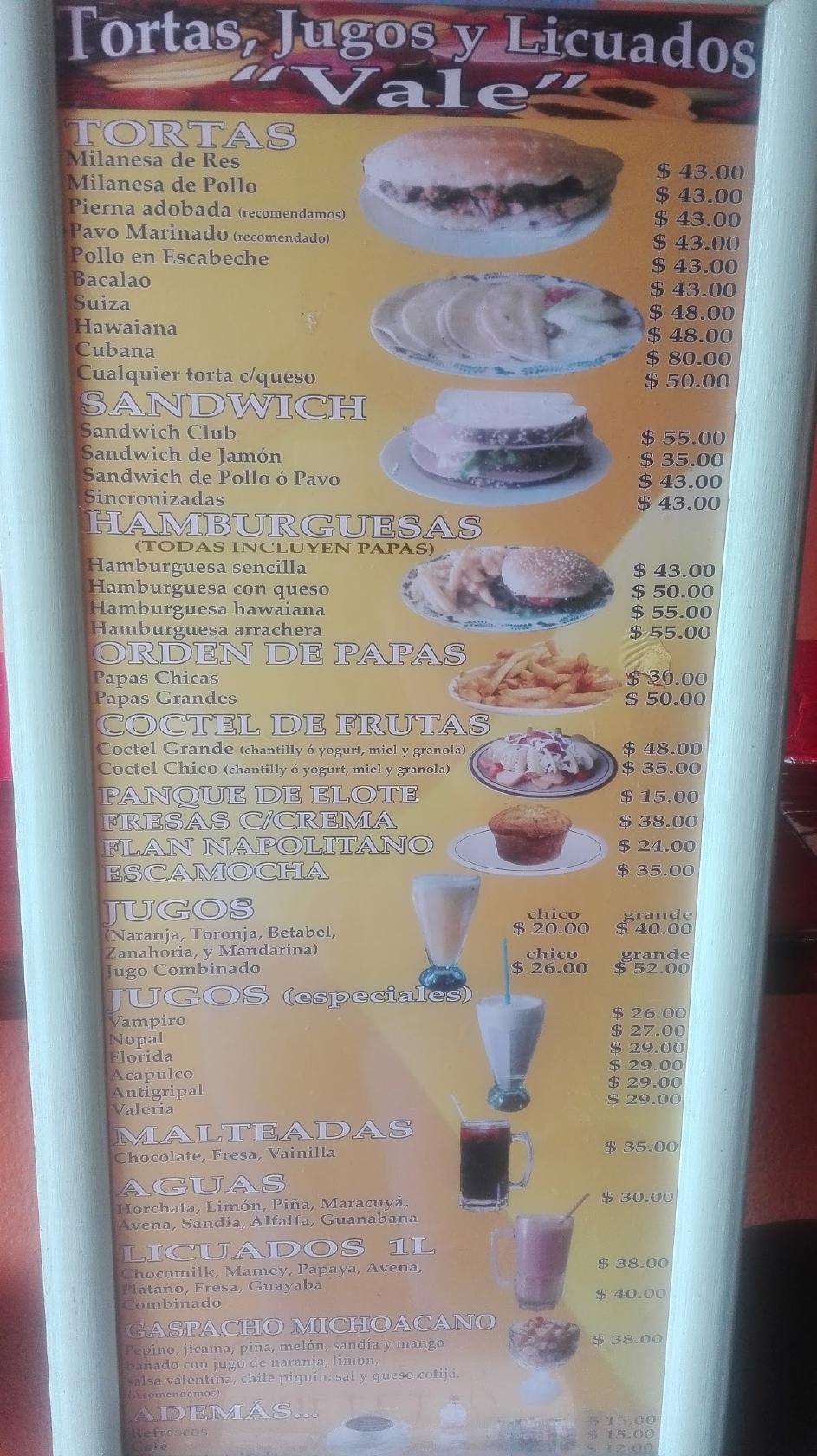 Menu at jugos Vale, Mexico