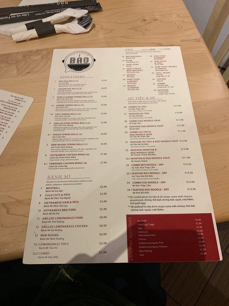 Menu at Bao Vietnamese Kitchen restaurant, Baton Rouge