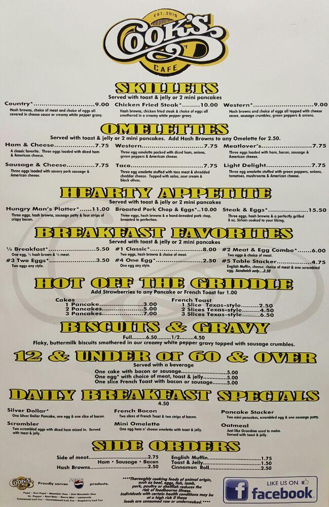 Menu at Cook's Café restaurant, Sheldon