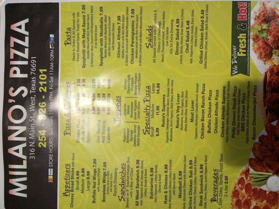 Menu at Milano's Pizza pizzeria, West