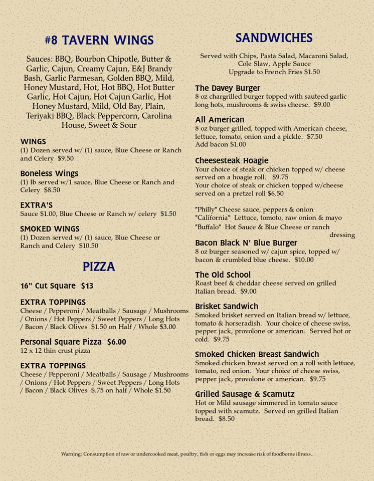 Menu at #8 Tavern pub & bar, McAdoo