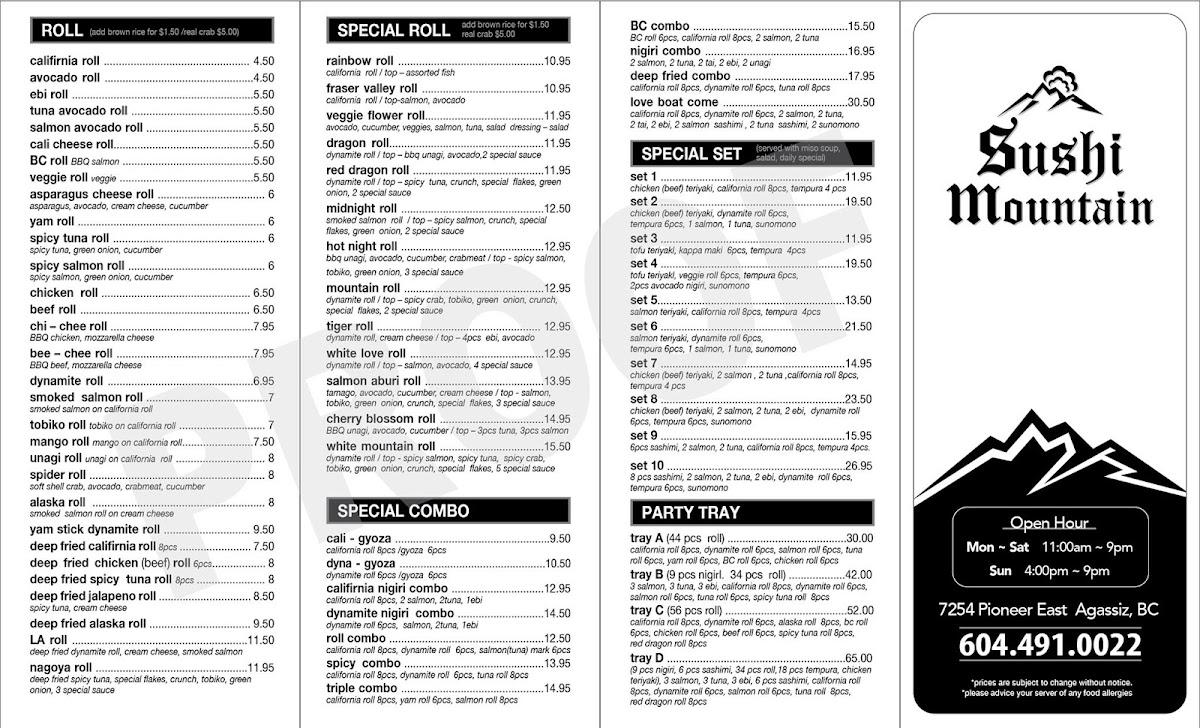 Menu at Sushi Mountain restaurant, Agassiz