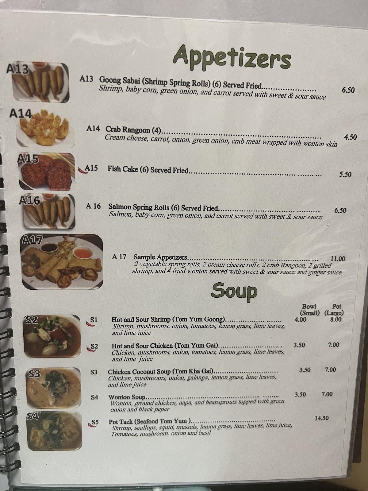Menu at Thai Jasmine restaurant, Fayetteville