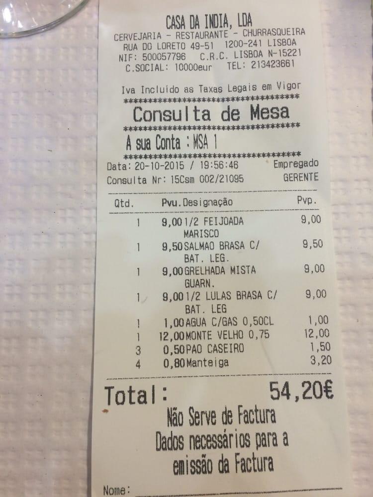Menu em Casa da Índia restaurante, Lisboa