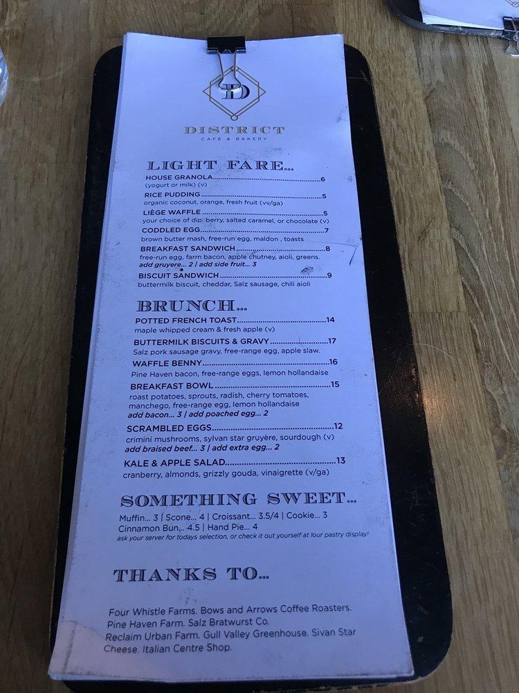 Menu at District Café & Bakery, Edmonton