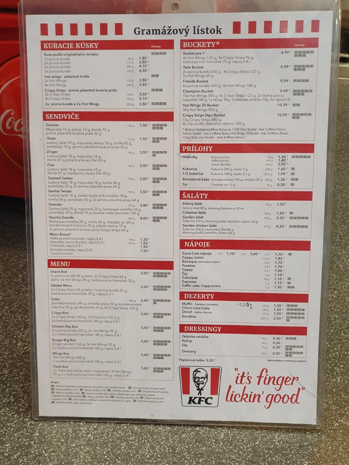 Menu at KFC restaurant, Trnava, OC Galéria OC Galéria