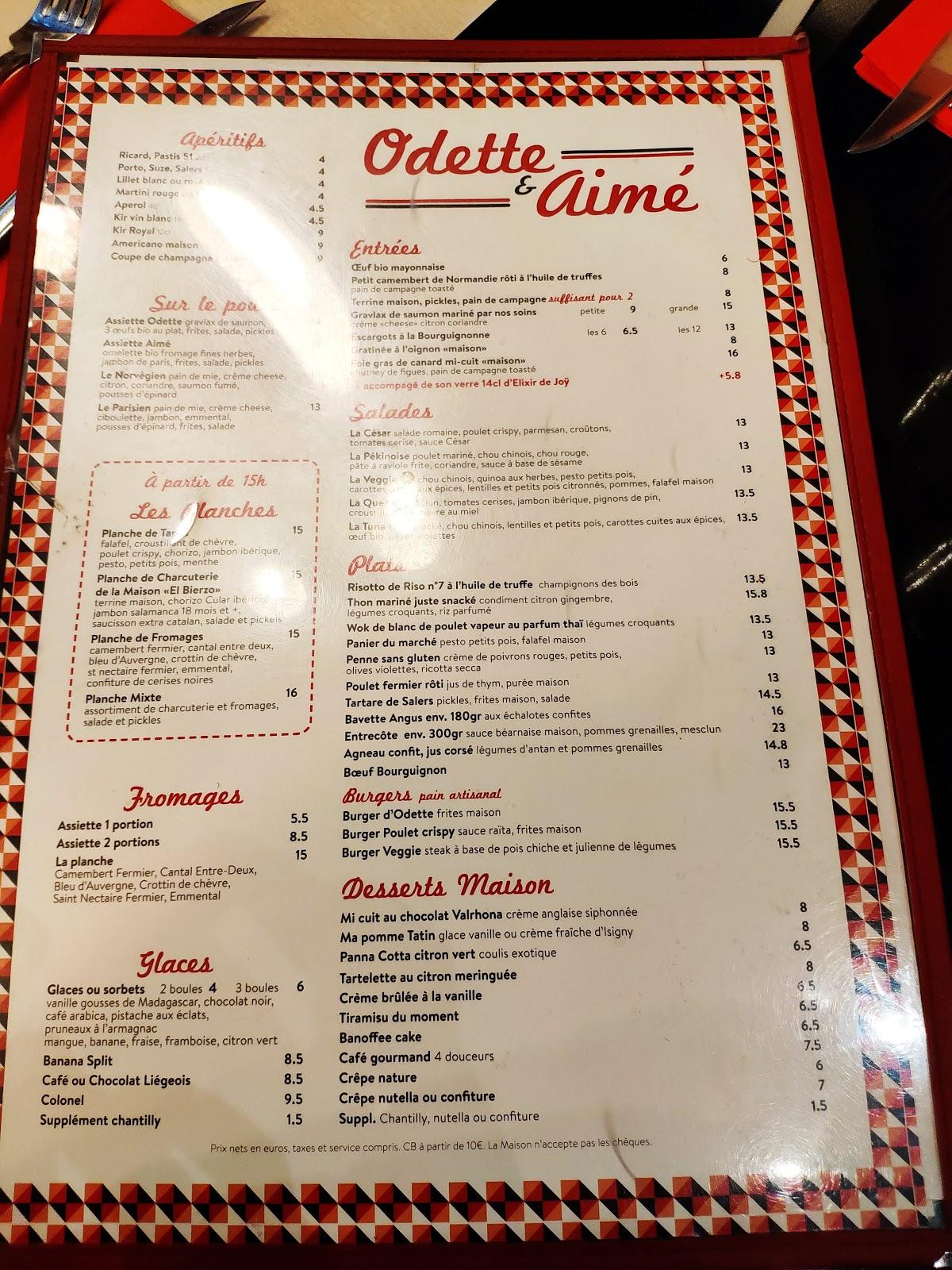 Menu at Odette & Aimé restaurant, Paris