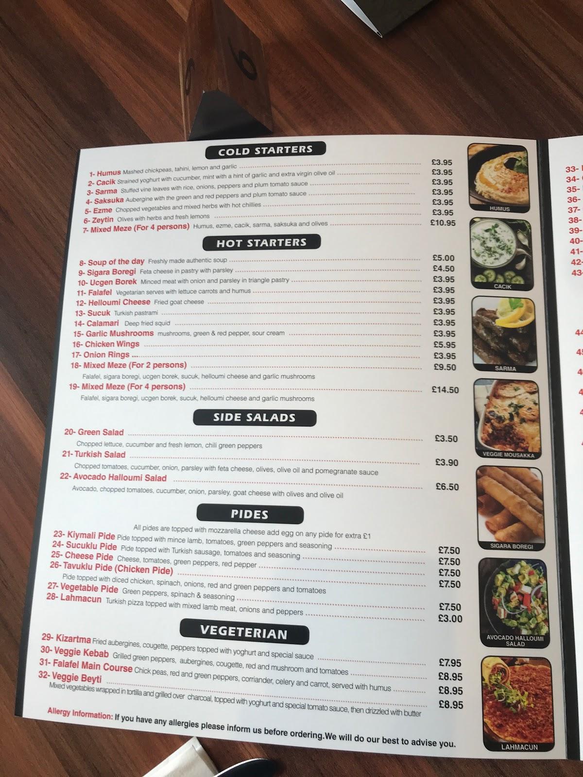 Carta de Yara Restaurant, Leicester