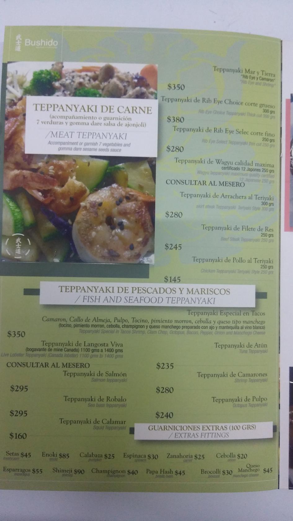 Menu at Bushido restaurant, Guadalajara, Calle Manuel López Cotilla 1967