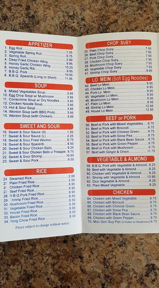 Menu at Colborne Chinese Buffet restaurant, Orillia