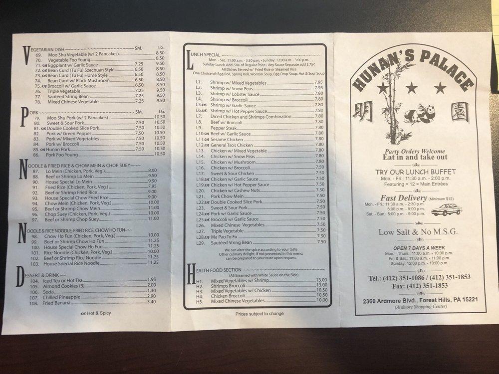 Menu at Hunan Palace restaurant, Pittsburgh