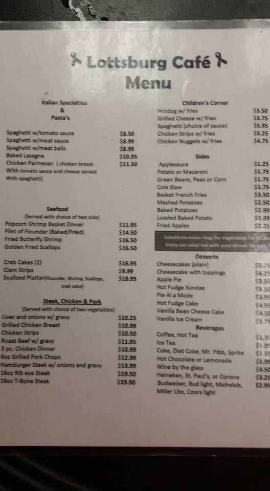 Menu at Lottsburg Cafe, Lottsburg