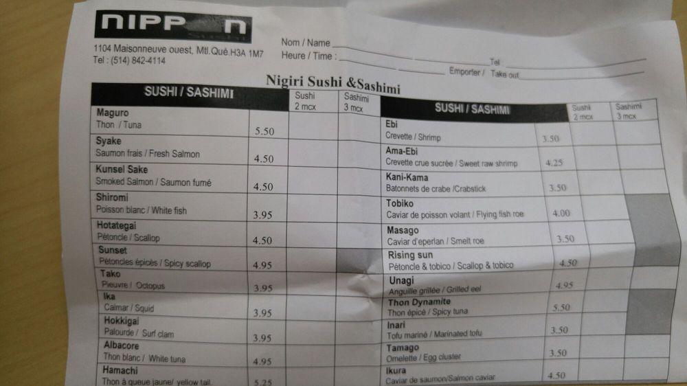 Menu at Nippon Sushi restaurant, Montreal