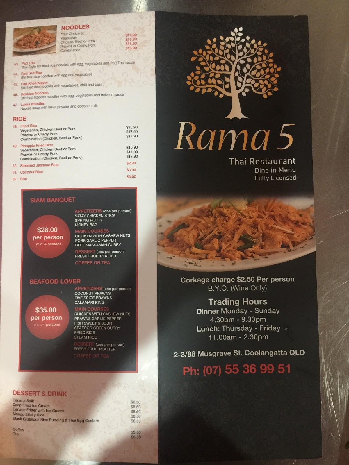 Menu at Rama 5 Thai Restaurant, Coolangatta