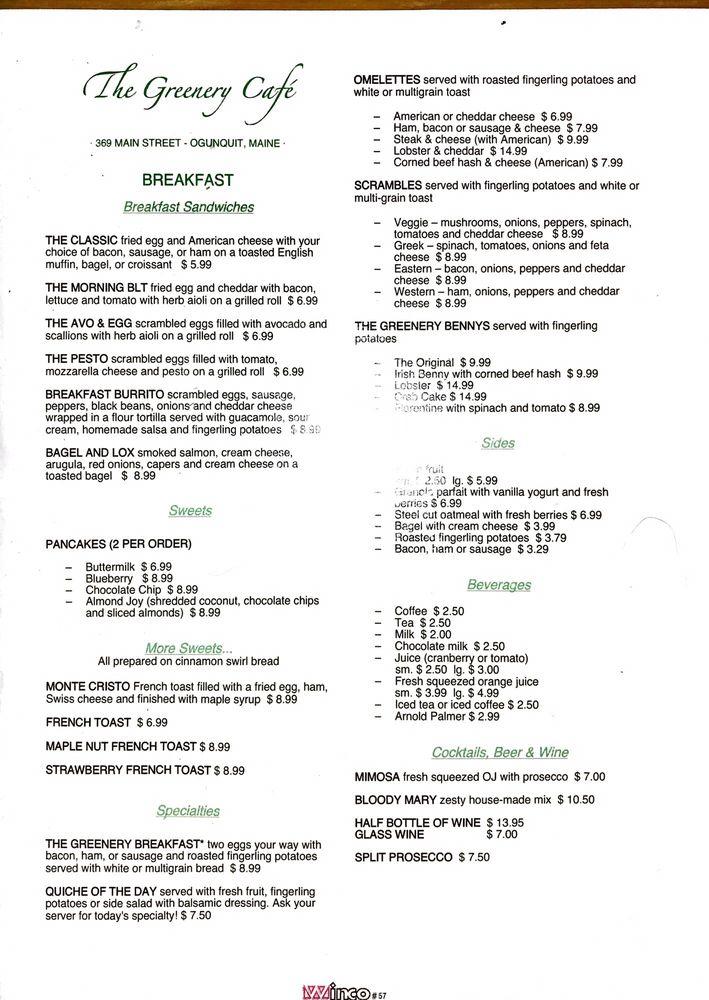 Menu at The Greenery Cafe, Ogunquit
