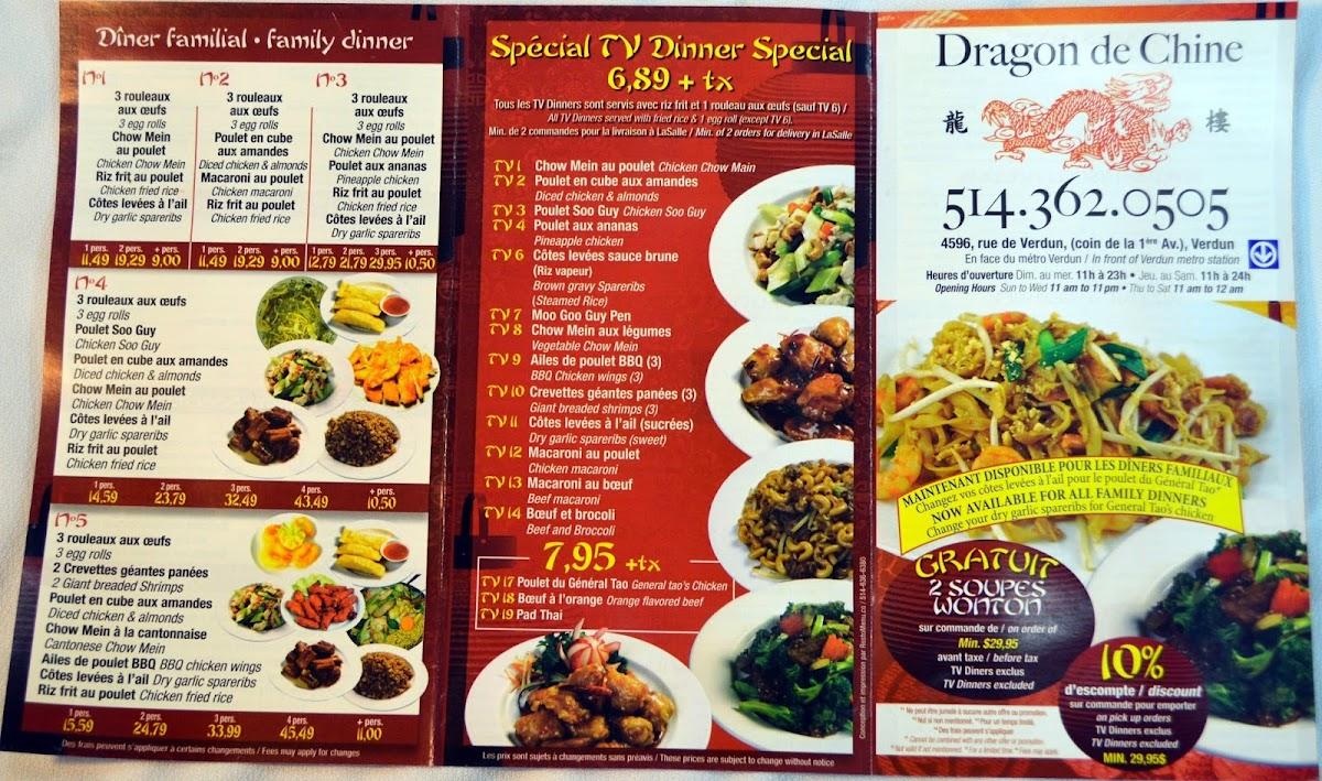Menu au Dragon de Chine restaurant, Montréal