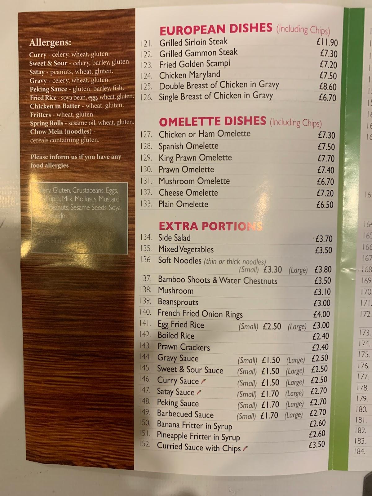 Menu at Lee Palace restaurant, Glasgow