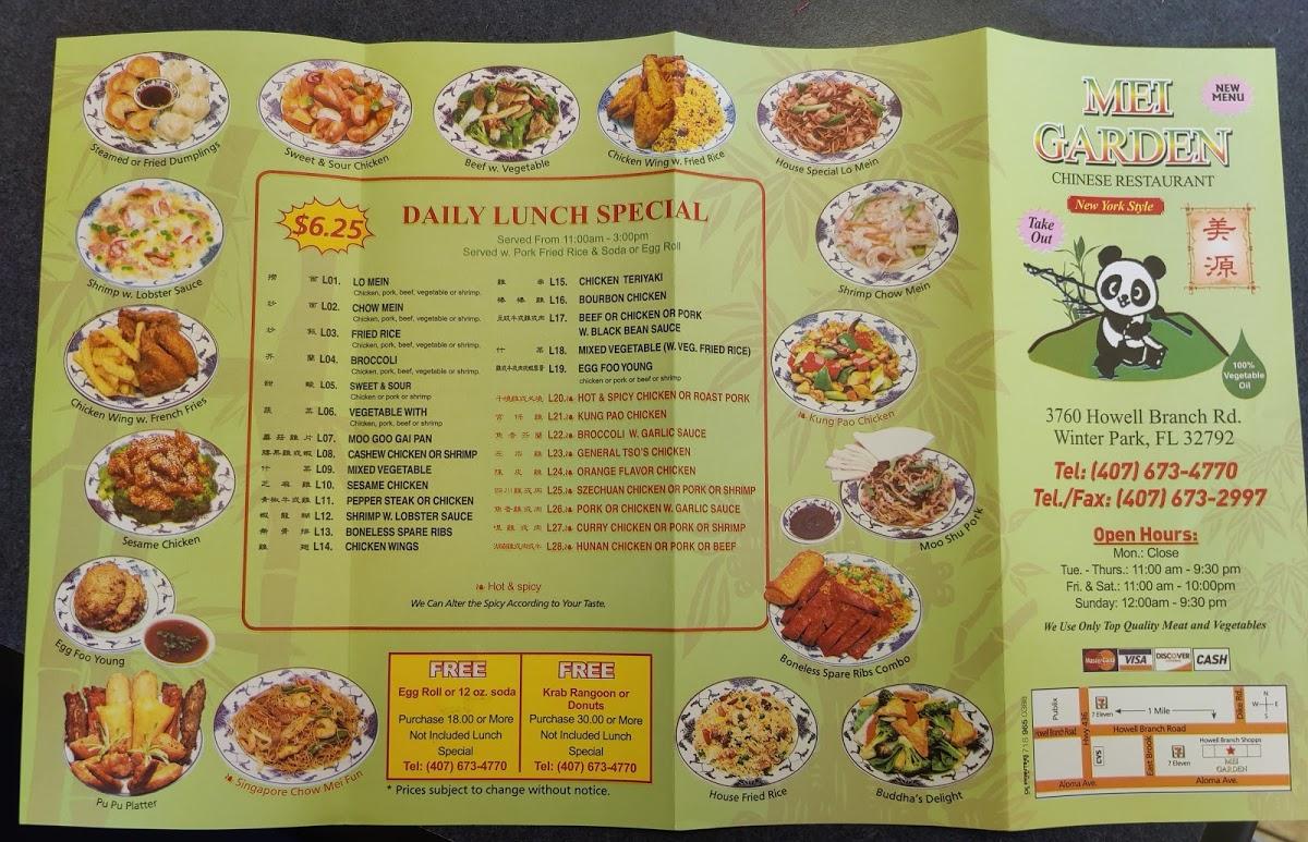 Menu at Mei Garden restaurant, Winter Park