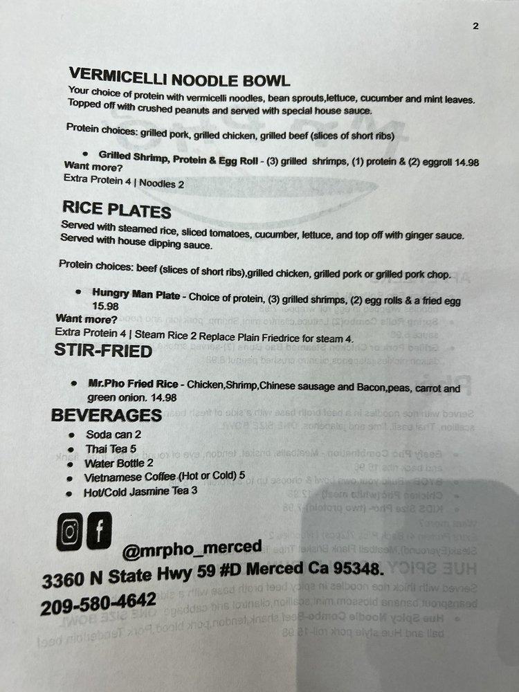 Menu at Mr Pho restaurant, Merced
