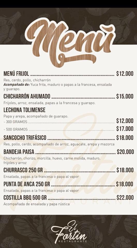 Menu at Restaurante El Fortín, Medellín