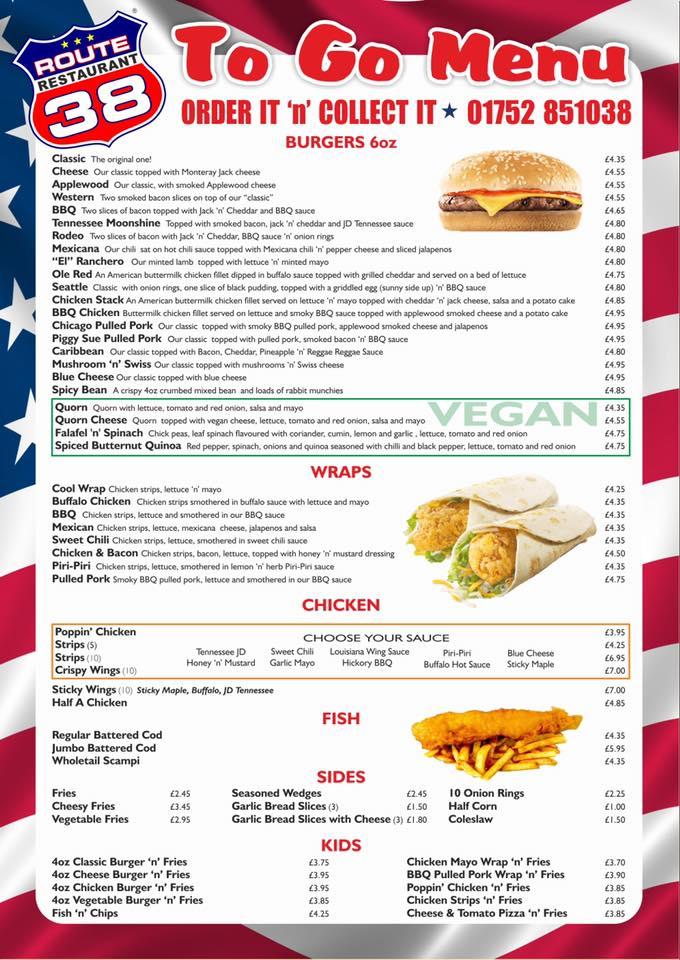 Menu at Route 38 restaurant, England