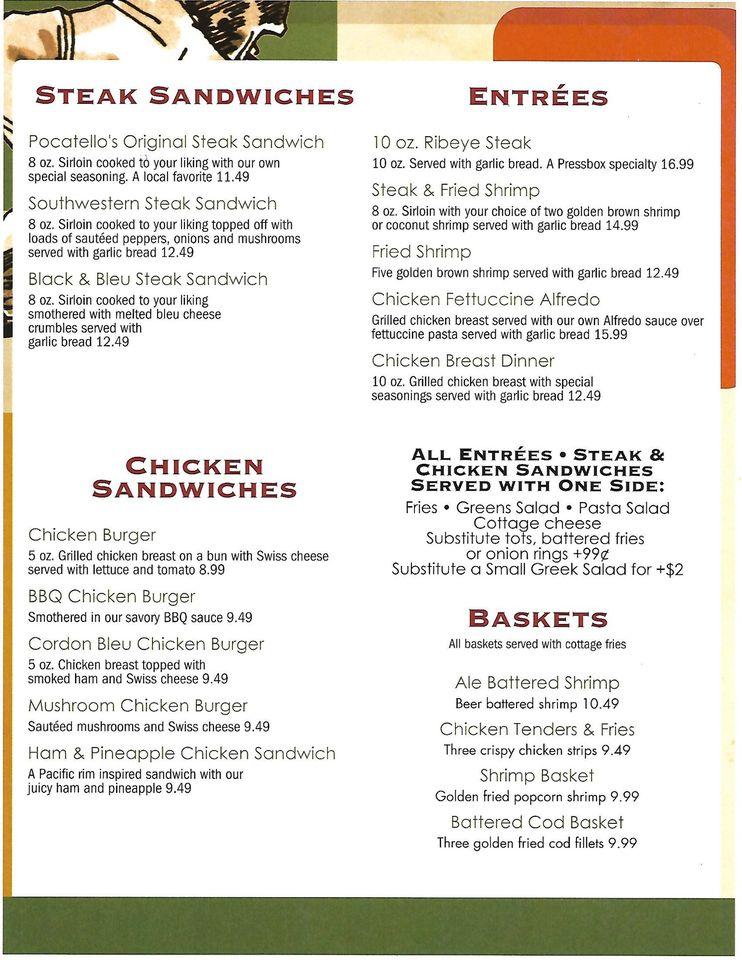 Menu at The Pressbox pub & bar, Pocatello