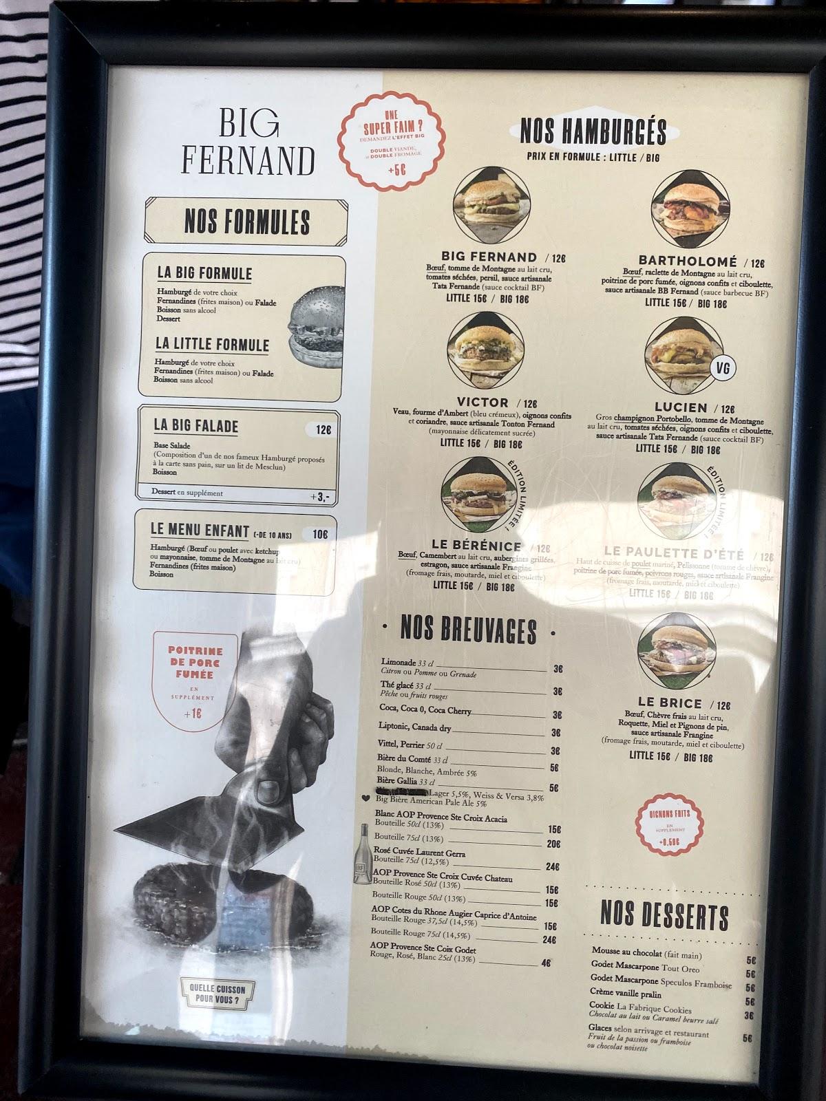Menu au Big Fernand restaurant, Cannes
