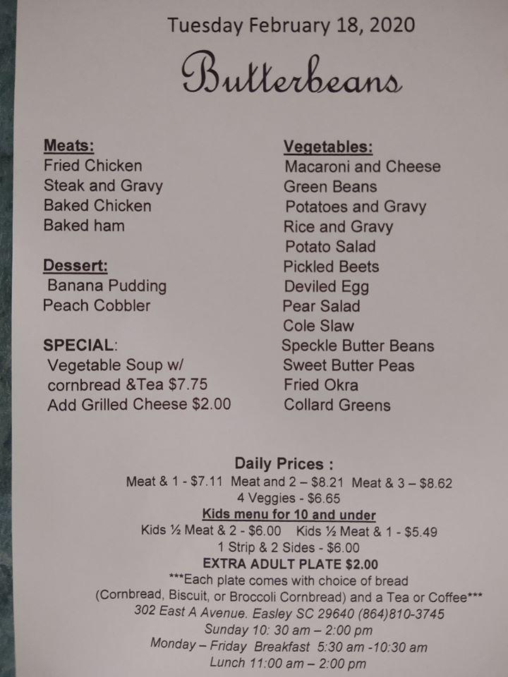 Menu at Butterbeans Restaurant, Easley