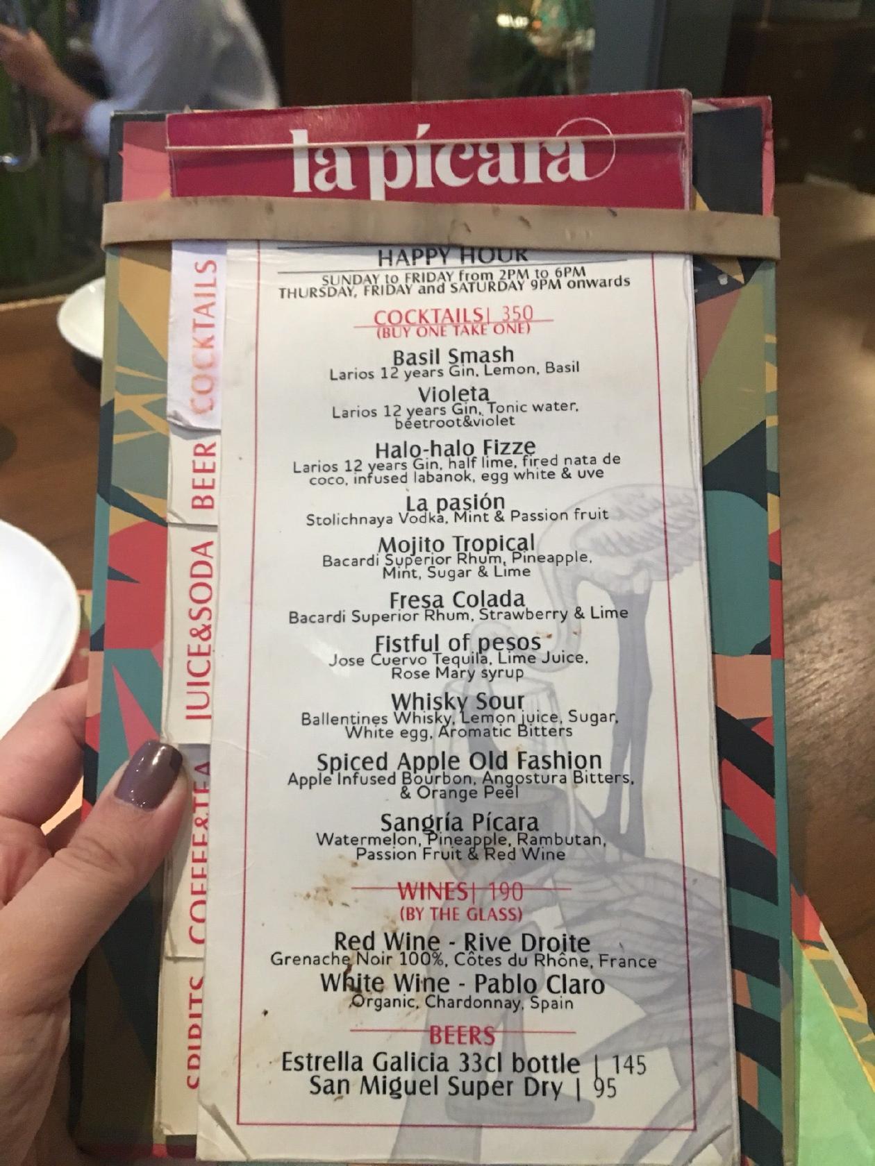 Menu at La Pícara Manila restaurant, Taguig