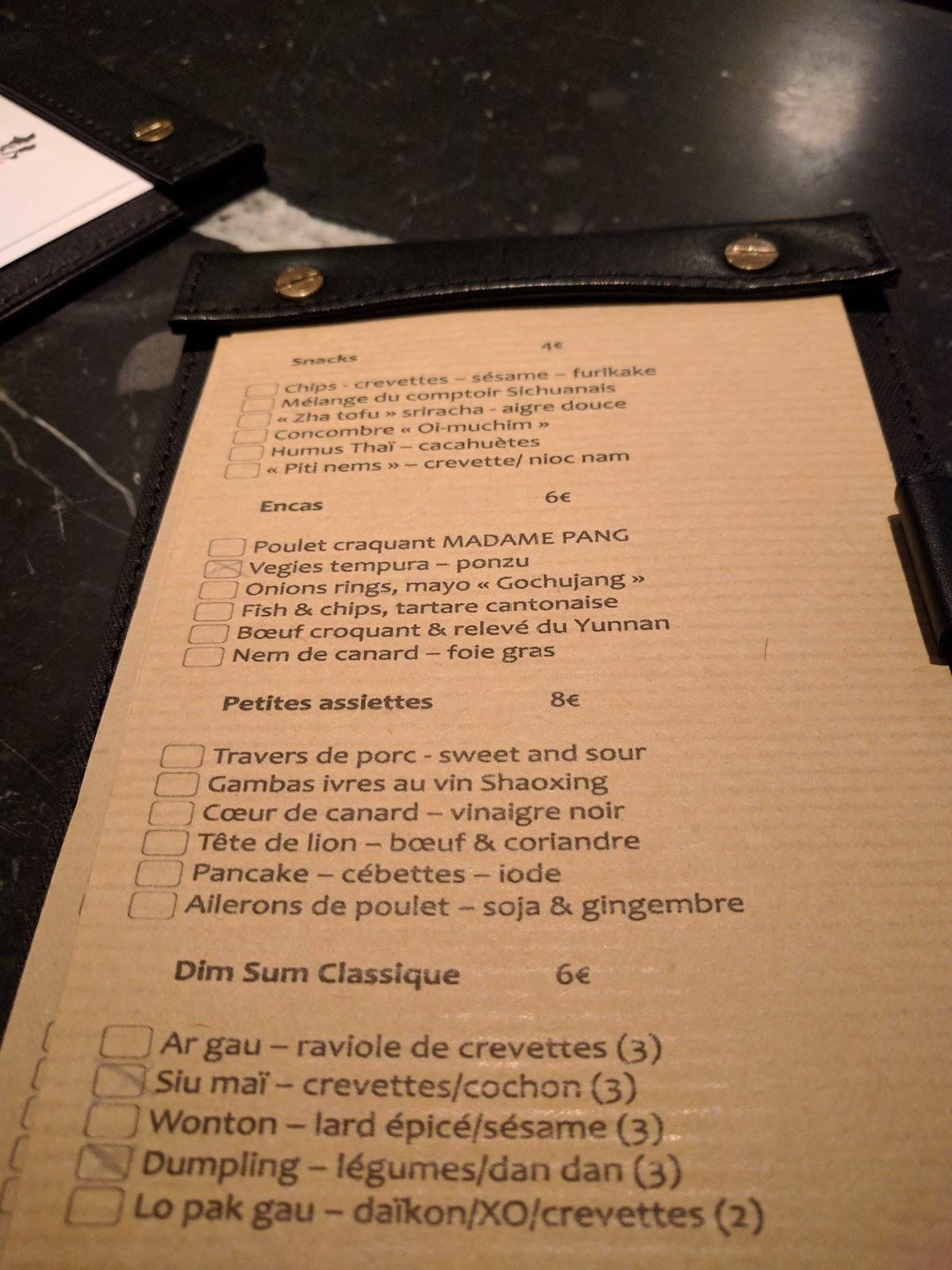 Menu at Madame Pang pub & bar, Bordeaux