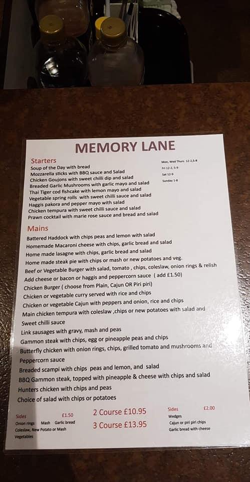 Menu at Memory Lane pub & bar, Kilmarnock