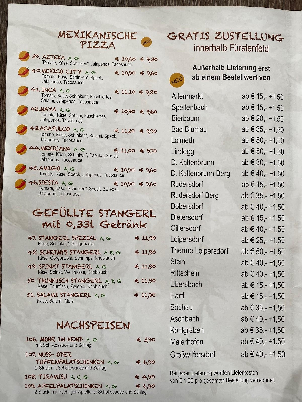 Speisekarte von Pizzeria David, Fürstenfeld